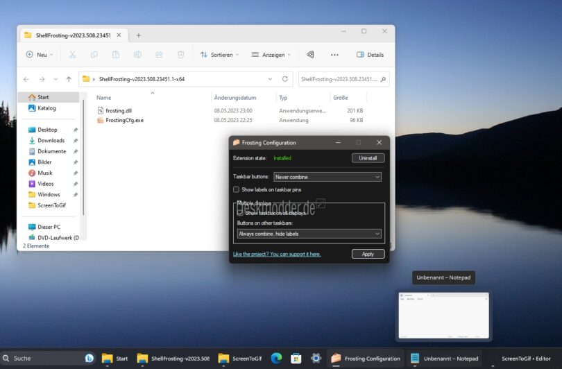Windows 11 Taskleiste ungruppiert einmal mit "Shell Frosting ...