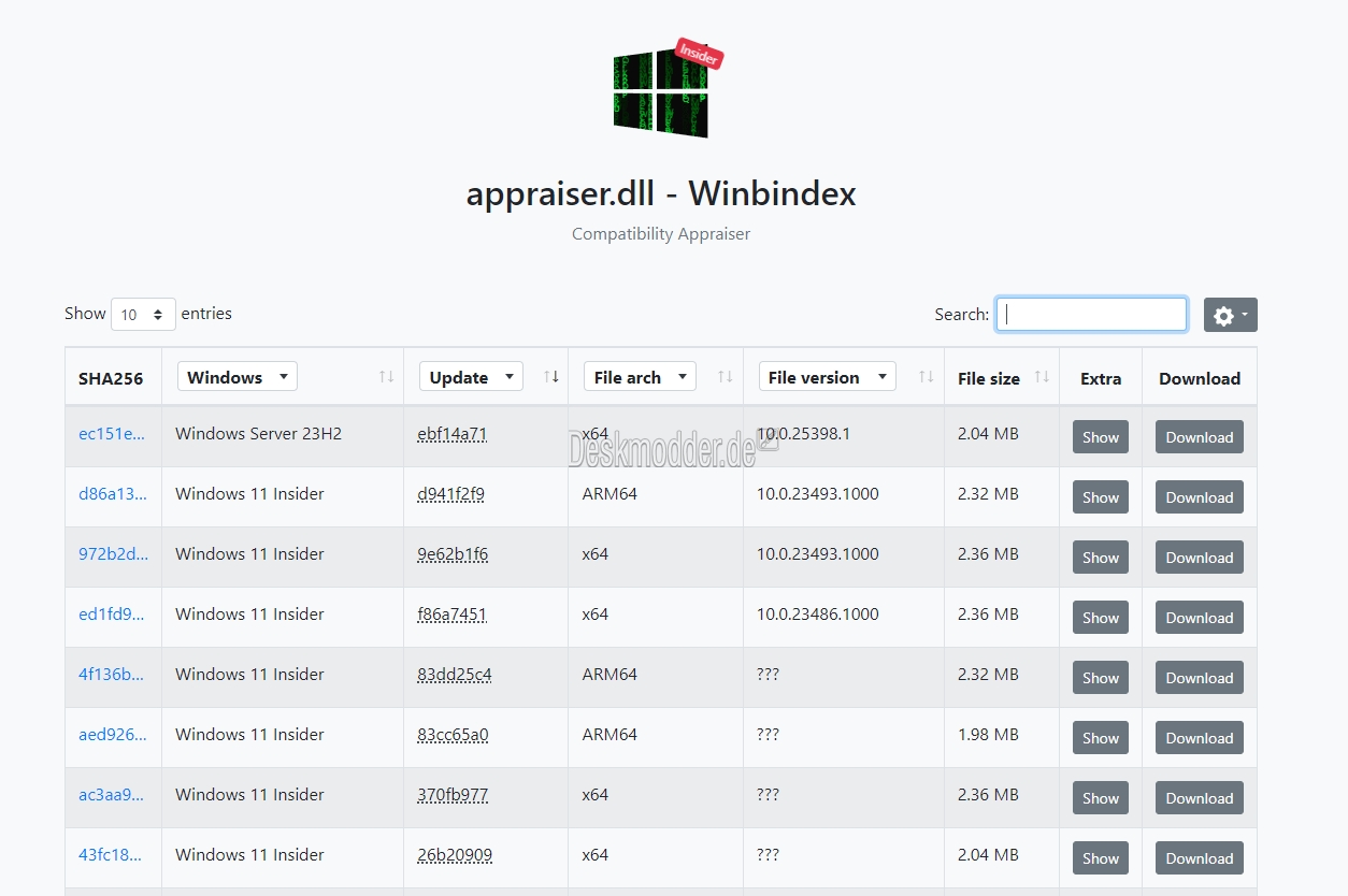 Winbindex - Windows-Binärdateien (dll, exe etc.) direkt von Microsoft herunterladen jetzt auch ...