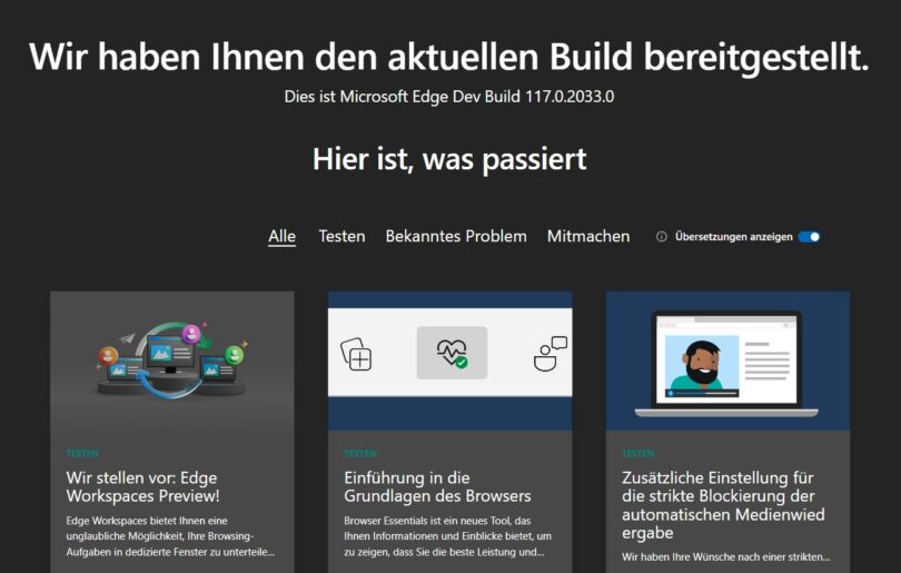 Microsoft Edge 117.0.2033.0 mit Thumbnails im Verlauf auch unter macOS ...