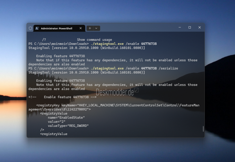A look at the staging tool - the "ViVeTool" from Microsoft itself ...