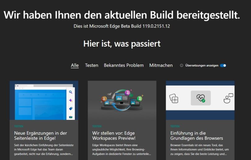Microsoft Edge 119 (119.0.2151.12) im Beta Kanal mit Wiederherstellung ...