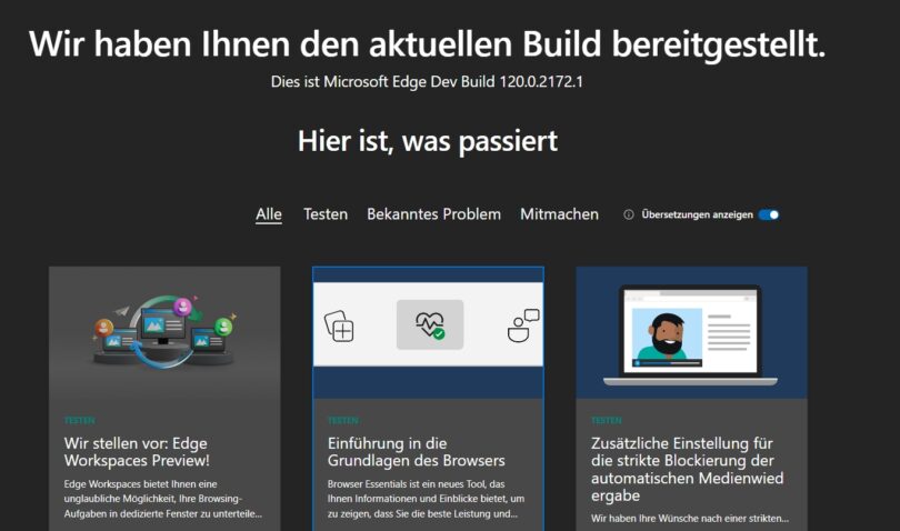 Microsoft Edge 120.0.2172.1 im Dev-Kanal mit schnellerer ...