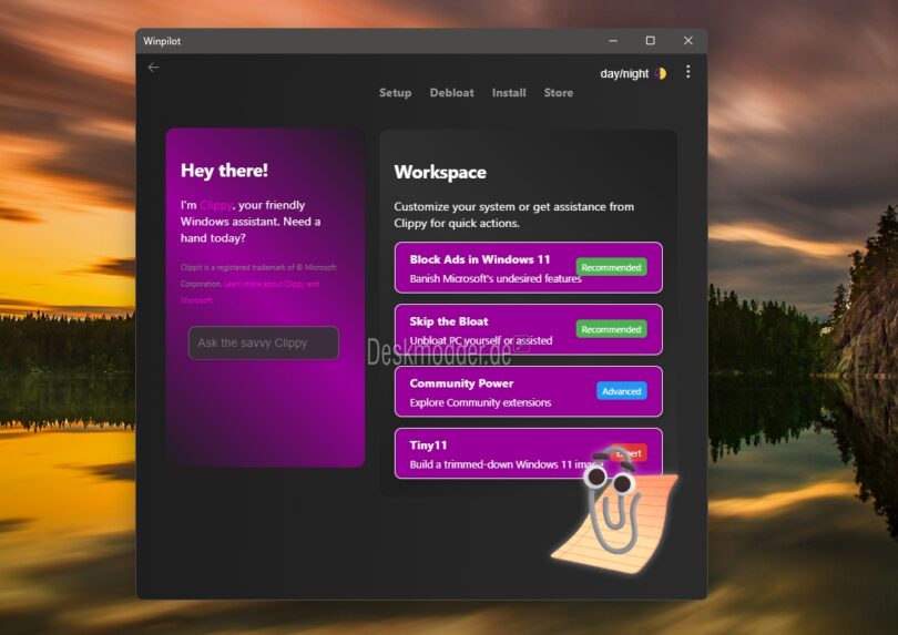 Winpilot jetzt mit Tiny11 als Test und "Adblocker" in den Einstellungen ...