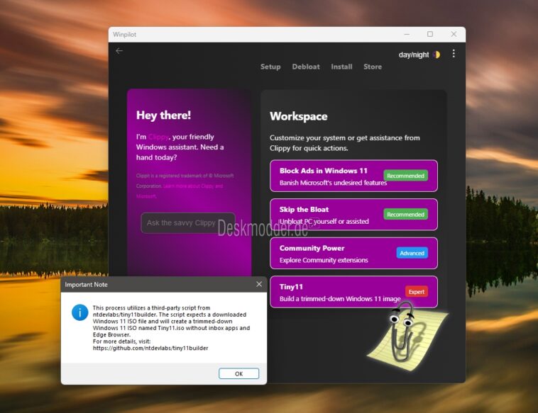 Winpilot jetzt mit Tiny11 als Test und "Adblocker" in den Einstellungen ...