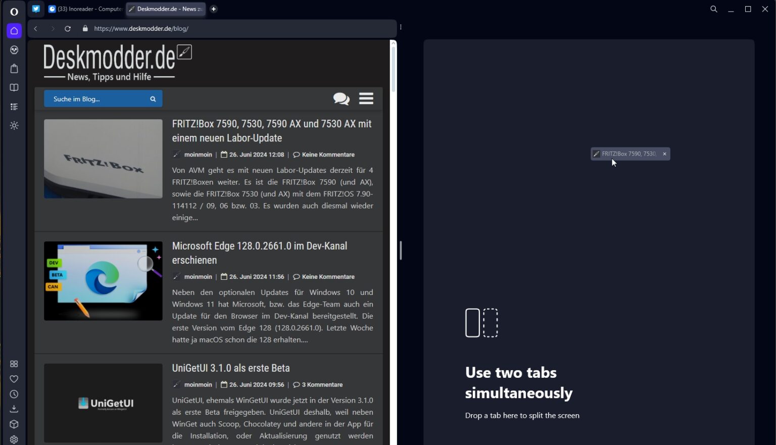 Opera 113 jetzt auch mit "Split Screen" (geteilte Fenster) und mehr ...