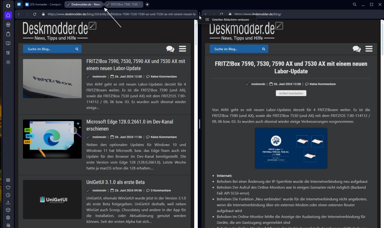 Opera 113 jetzt auch mit "Split Screen" (geteilte Fenster) und mehr ...