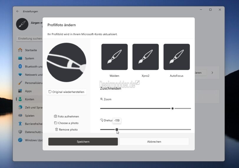 Windows 11 Profilbild mit dem Profilbild Editor in den Einstellungen ...
