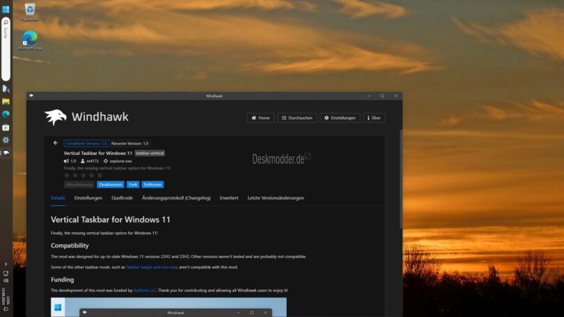 Windows 11 Vertikale Taskleiste mit einem Windhawk-Mod wiederherstellen - Deskmodder.de