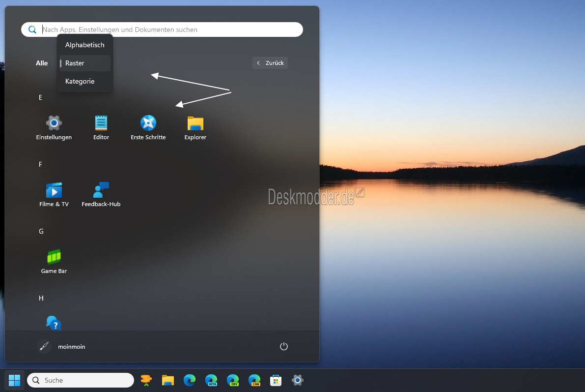 Windows 11 Startmenü mit Kategorie- oder Raster-Sortierung in Arbeit ...