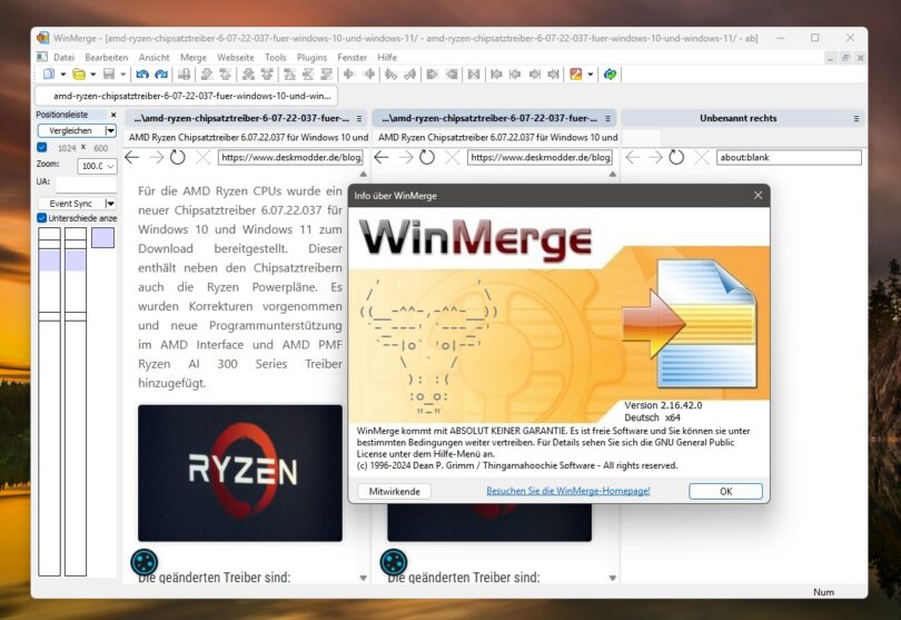 WinMerge 2.16.42 (2.16.42.1) mit optischen Verbesserungen unter Windows ...