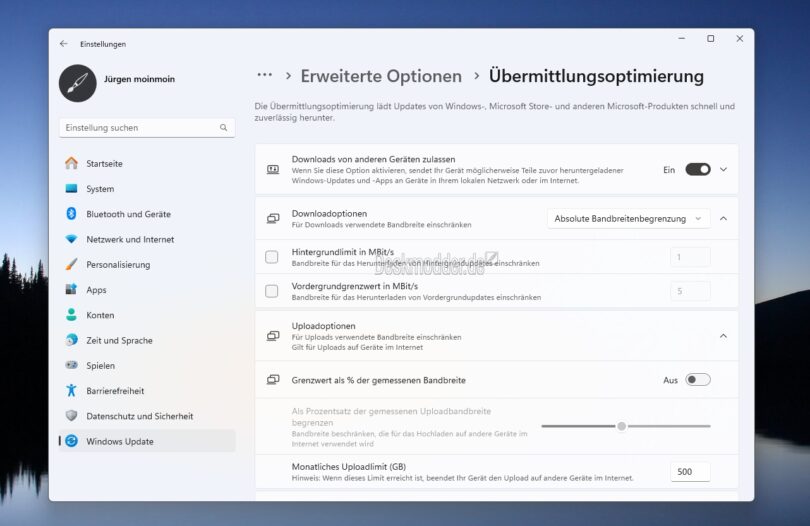 Windows 11 Übermittlungsoptimierung wird in den Einstellungen selber ...