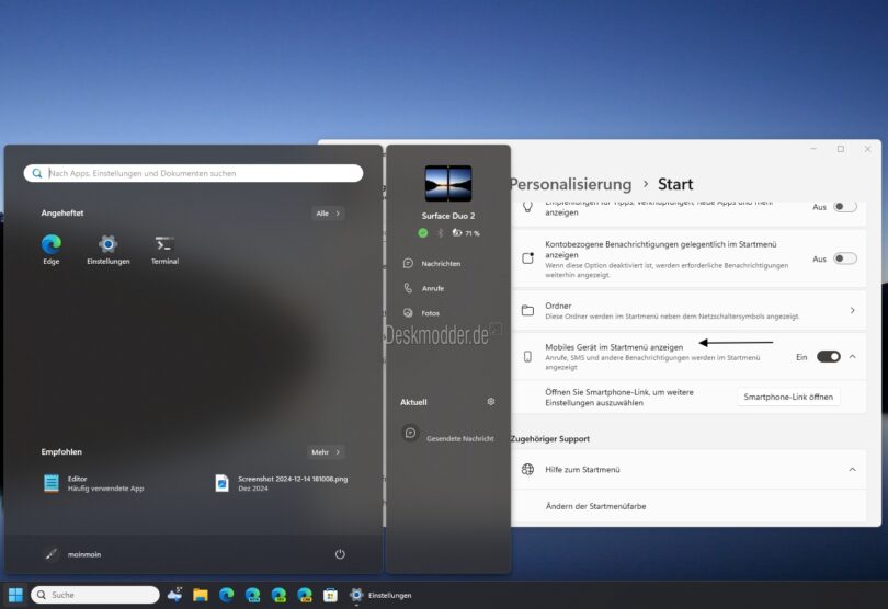 Smartphone Link am Windows 11 Startmenü wurde verbessert - Deskmodder.de