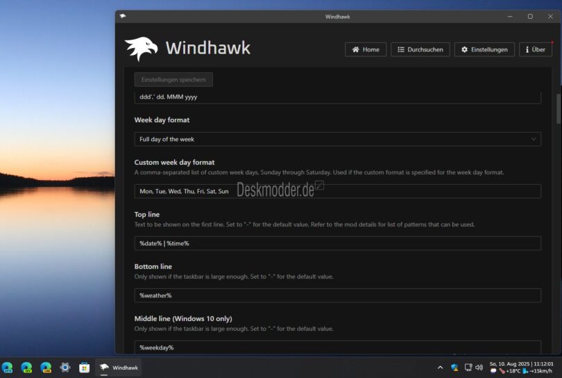 Windhawk Taskbar Clock Customization: Windows 11 Uhr in der Taskleiste mit Wetter oder Up- und ...