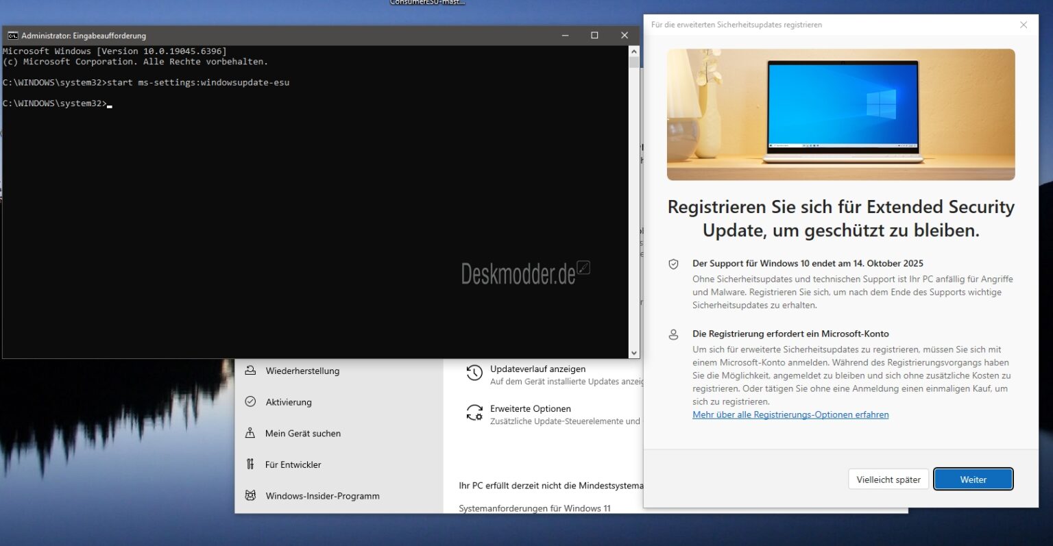 Windows 10 Consumer ESU Anmeldung (mit oder ohne Microsoft Konto) als Script [3. Update lokal ...
